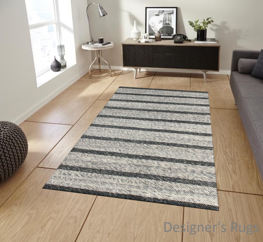 Handwoven, Braided, Felted Wool Rug With Stripe of Light Grey and Dark ...