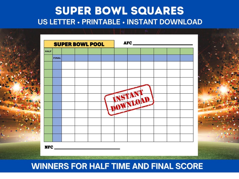 Super Bowl Pool 100 Squares Office Pool Printable Digital Download Half ...