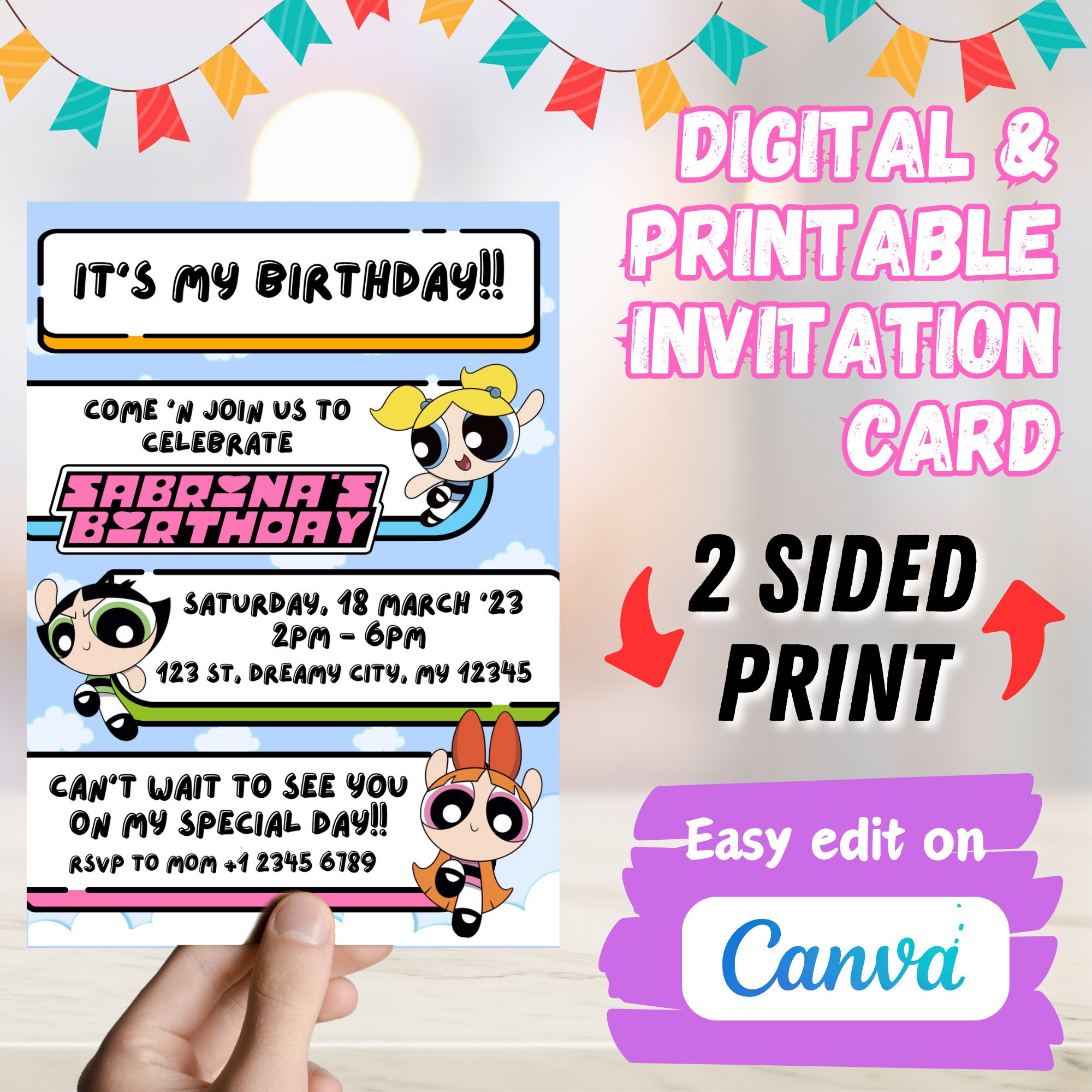Powerpuff Girls Birthday Invitation Editable, Powerpuff Girls Birthday ...