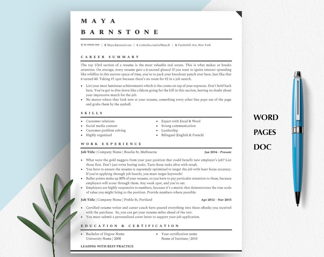 WORD RESUME TEMPLATE, Clean Resume Word, Modern Cv Template, Resume ...