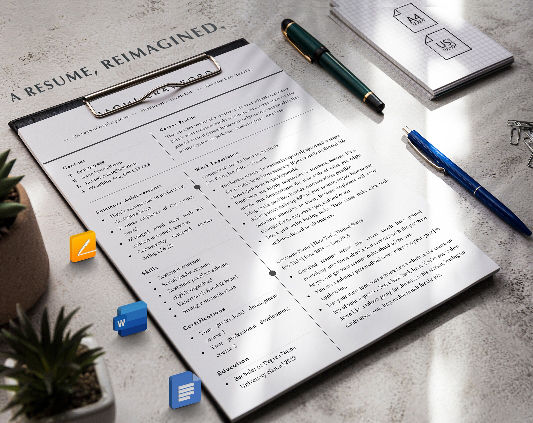 WORD RESUME TEMPLATE, Modern Resume and Cover Letter, Clean Resume Word ...