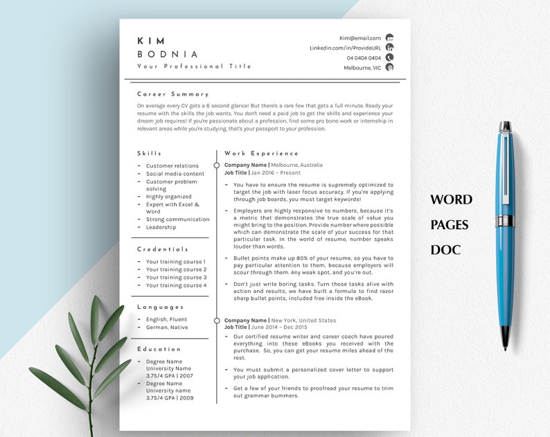 Modern Resume Template With Photo | Professional CV for Word & Pages - Etsy