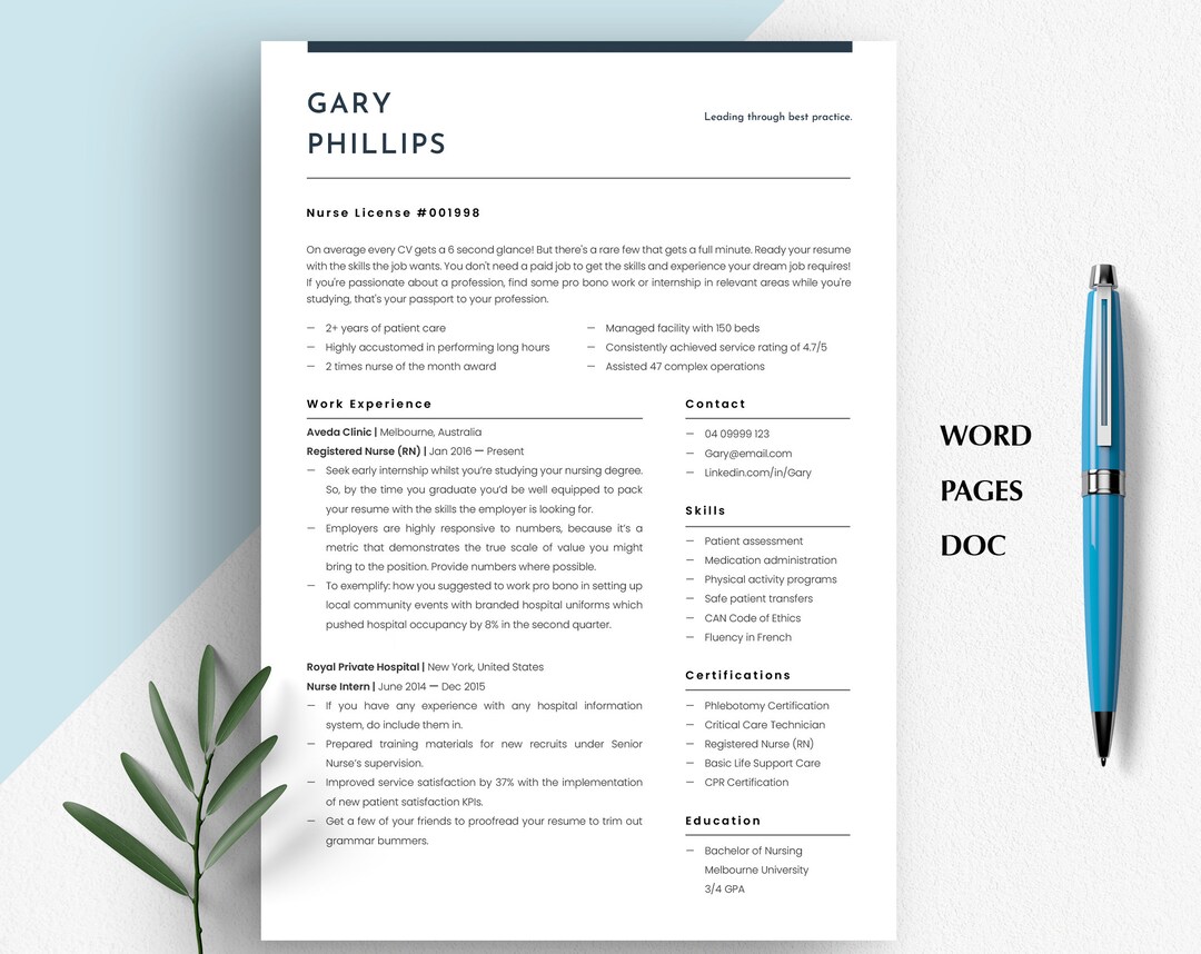 PROFESSIONAL NURSING RESUME, Nurse Resume Word, Doc & Mac Pages, Modern ...
