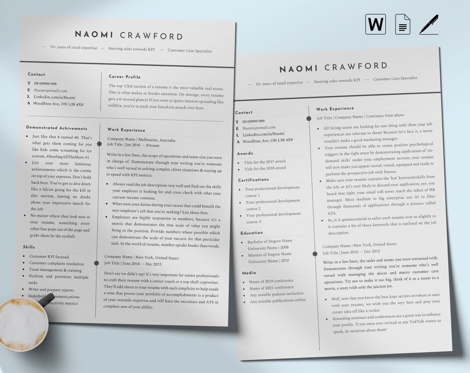 WORD RESUME TEMPLATE, Modern Resume and Cover Letter, Clean Resume Word ...