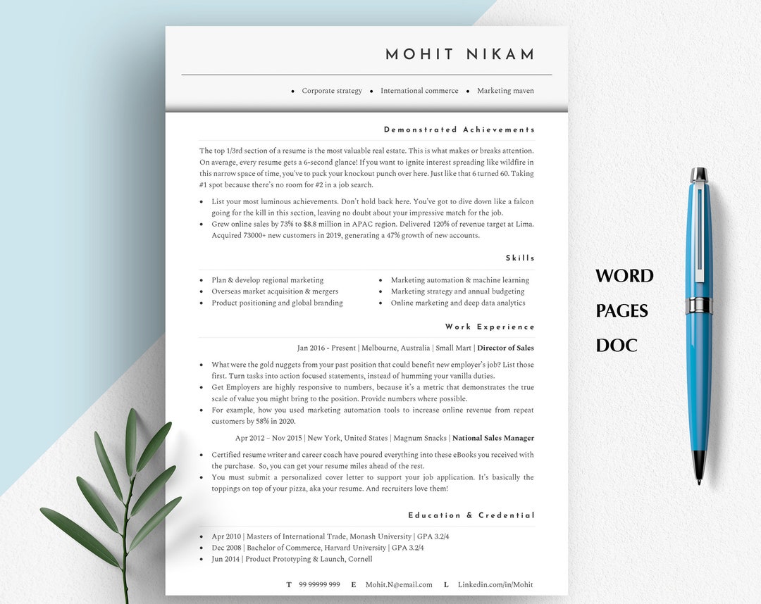 CV TEMPLATE WORD, One Column Cv, Clean Resume Template Word, Minimalist ...