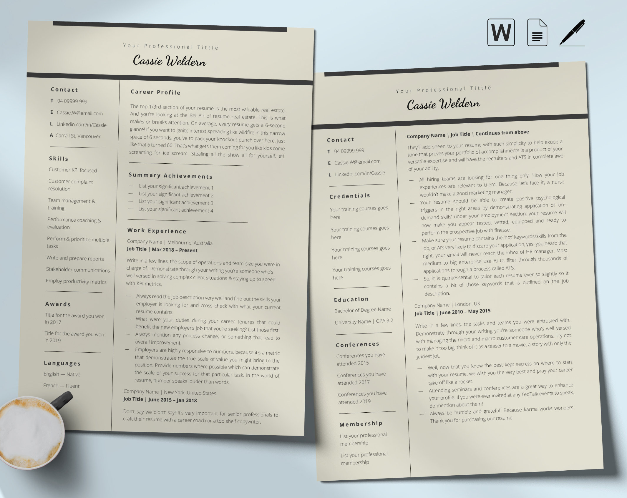 PROFESSIONAL RESUME TEMPLATE 3 Page, Clean Resume Ats Friendly, Ats ...