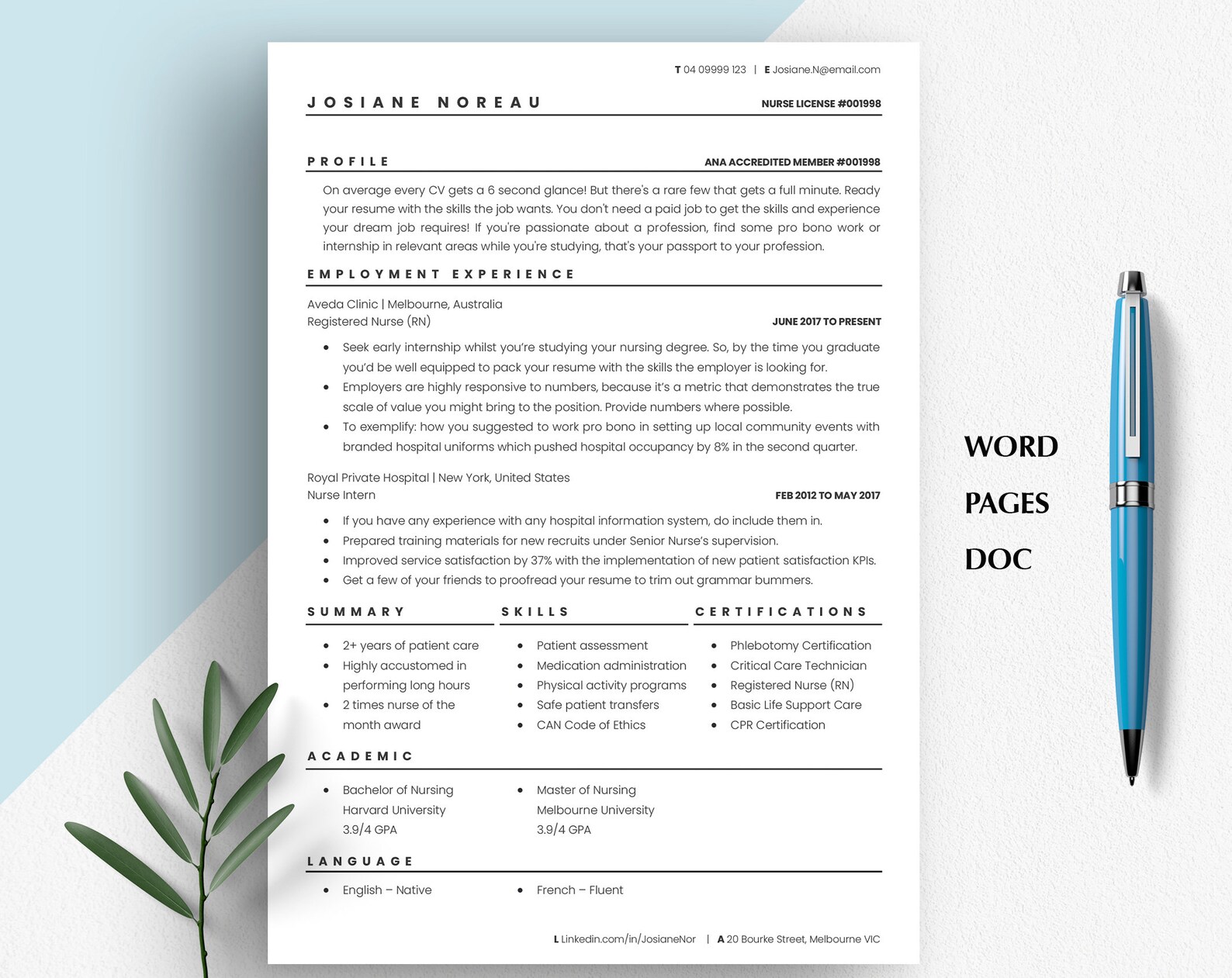 MODERN NURSE RESUME Template, Registered Nurse Resume, New Grad Nurse ...
