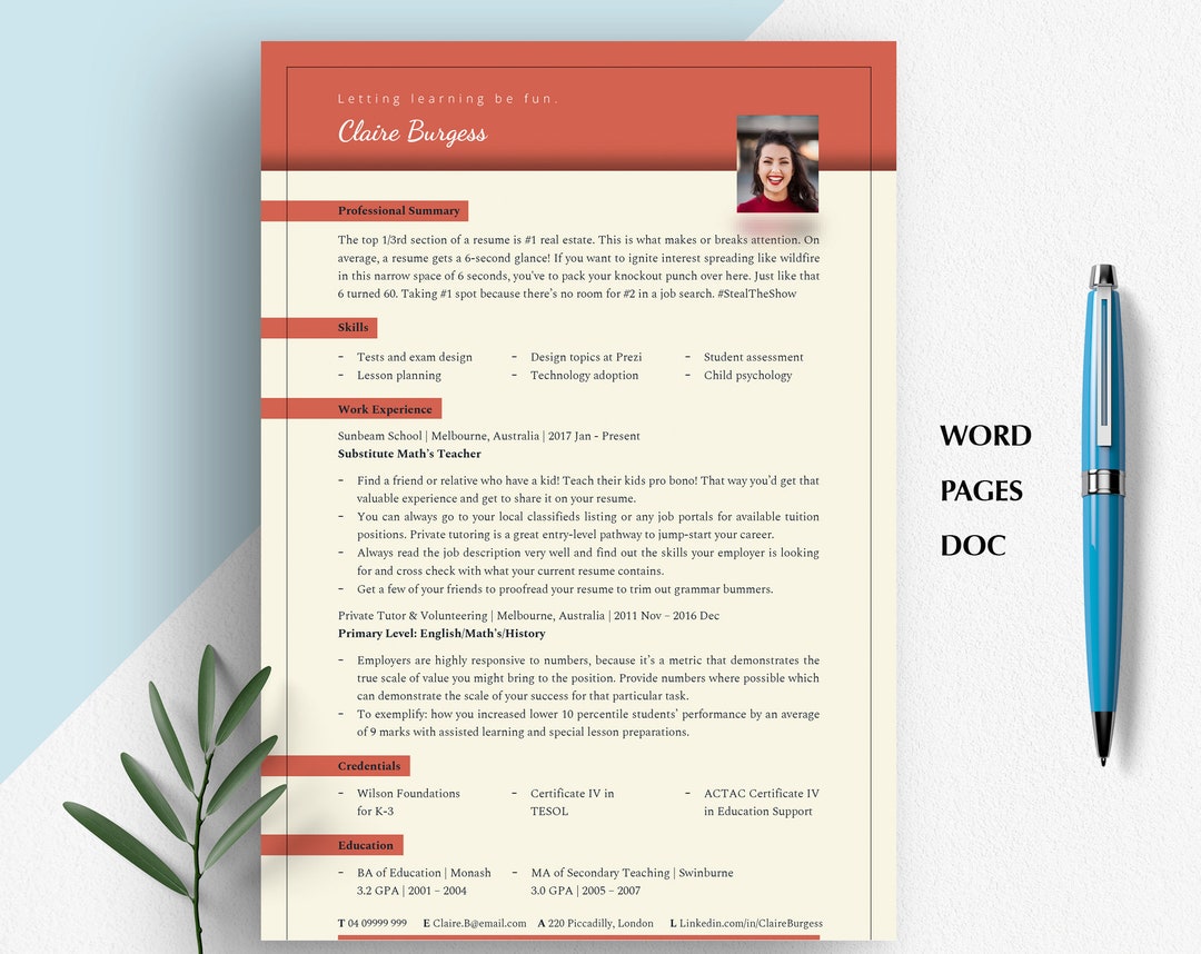 Teacher Resume Template for Word, Resume Template Education, Resume ...