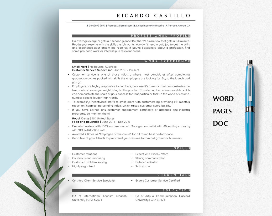 ATS Customer Service Resume Template With Cover Letter (digital ...