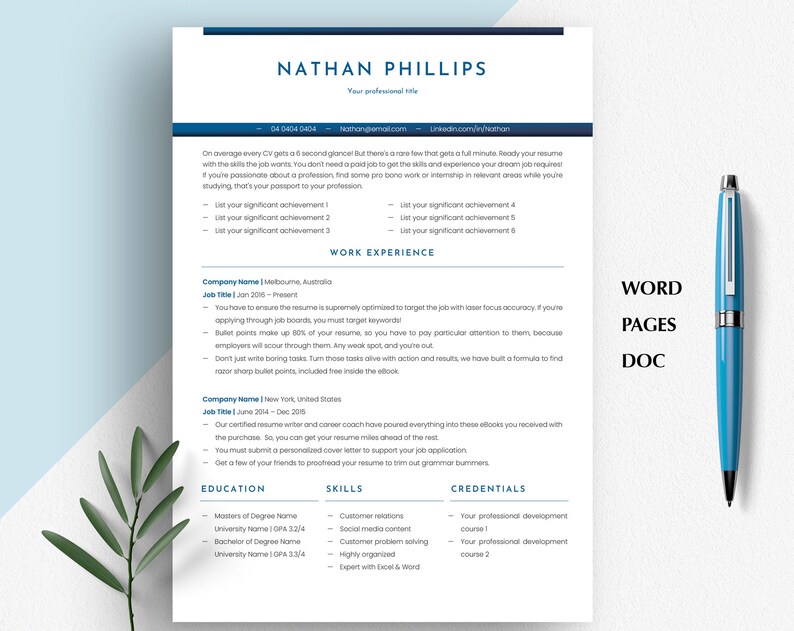 Resume Template, Google Doc Resume, Resume Mac, Word Resume, Minimalist ...