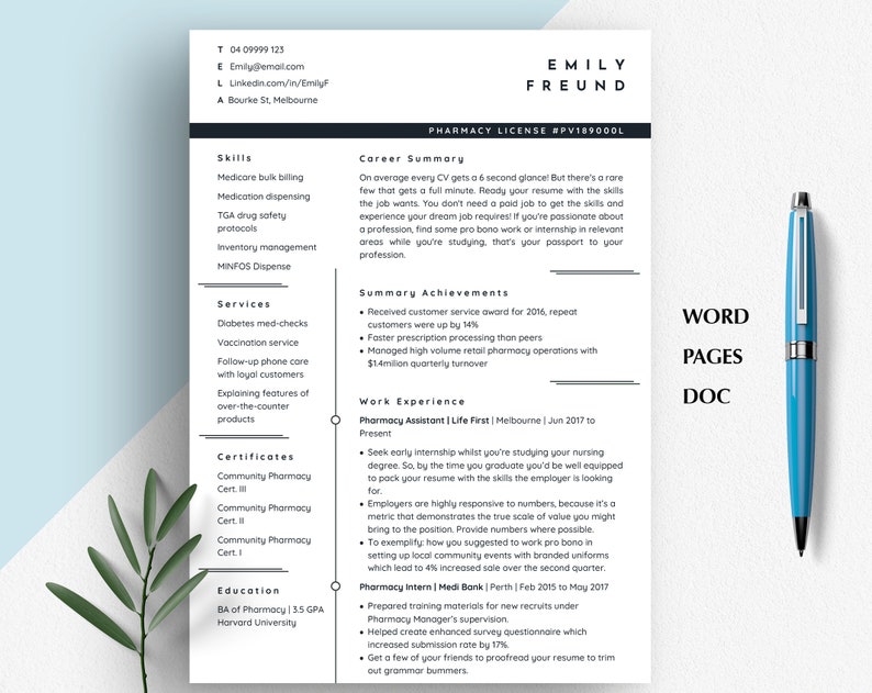 PHARMACIST RESUME TEMPLATE Word, Medical Cv Template, Pharmacist Resume ...