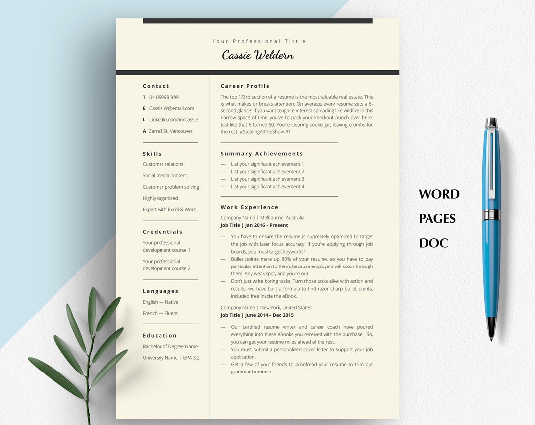 PROFESSIONAL RESUME TEMPLATE 3 Page, Clean Resume Ats Friendly, Ats ...
