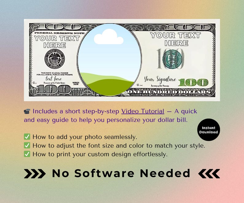 Personalized 100 Dollar Bill Template Custom Dollar Bill Editable ...
