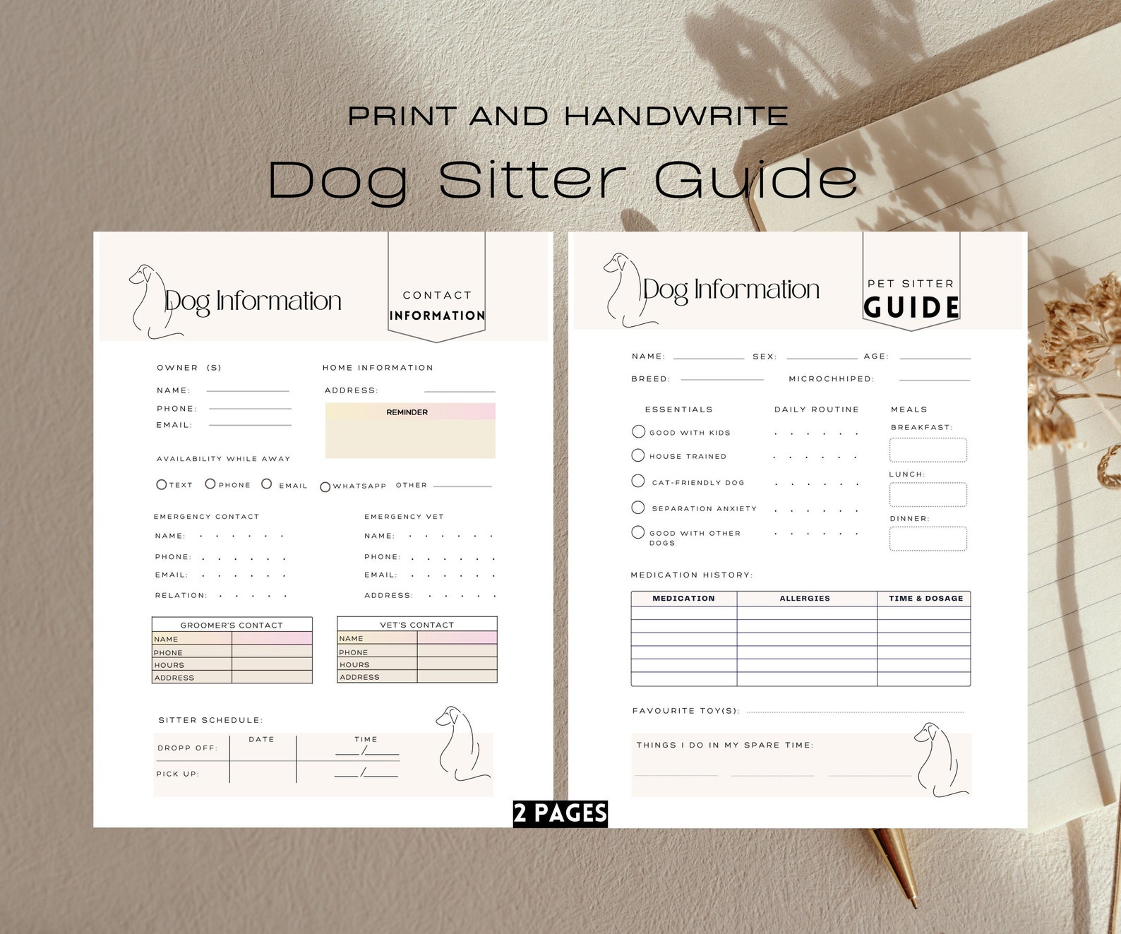 Dog Sitter Instructions | Dog Sitter Notes | Printable Pet Sitter ...