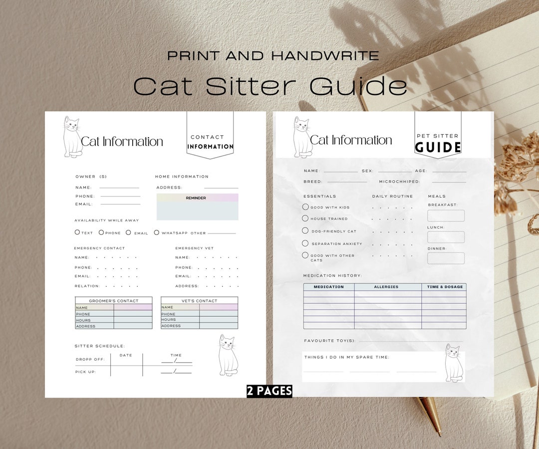 Cat Sitter Instructions |petcare Info Sheet| Printable Pet Sitter ...