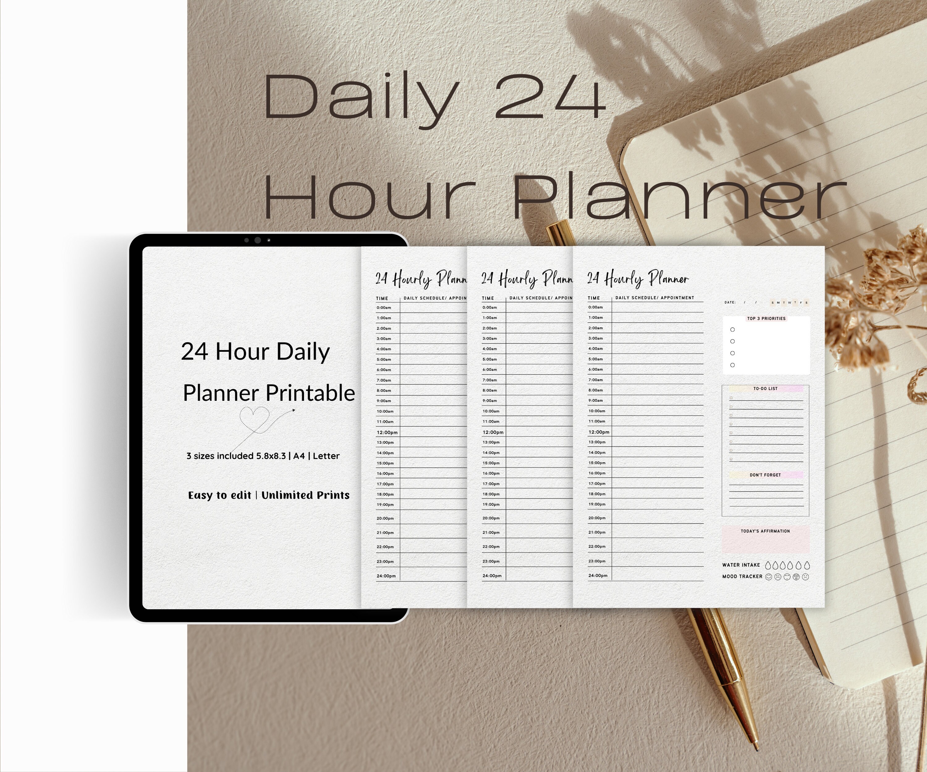 24 Hour Daily Planner Printable, Time Tracker, Hourly Planner, Military Time Plan, Time Blocking ...
