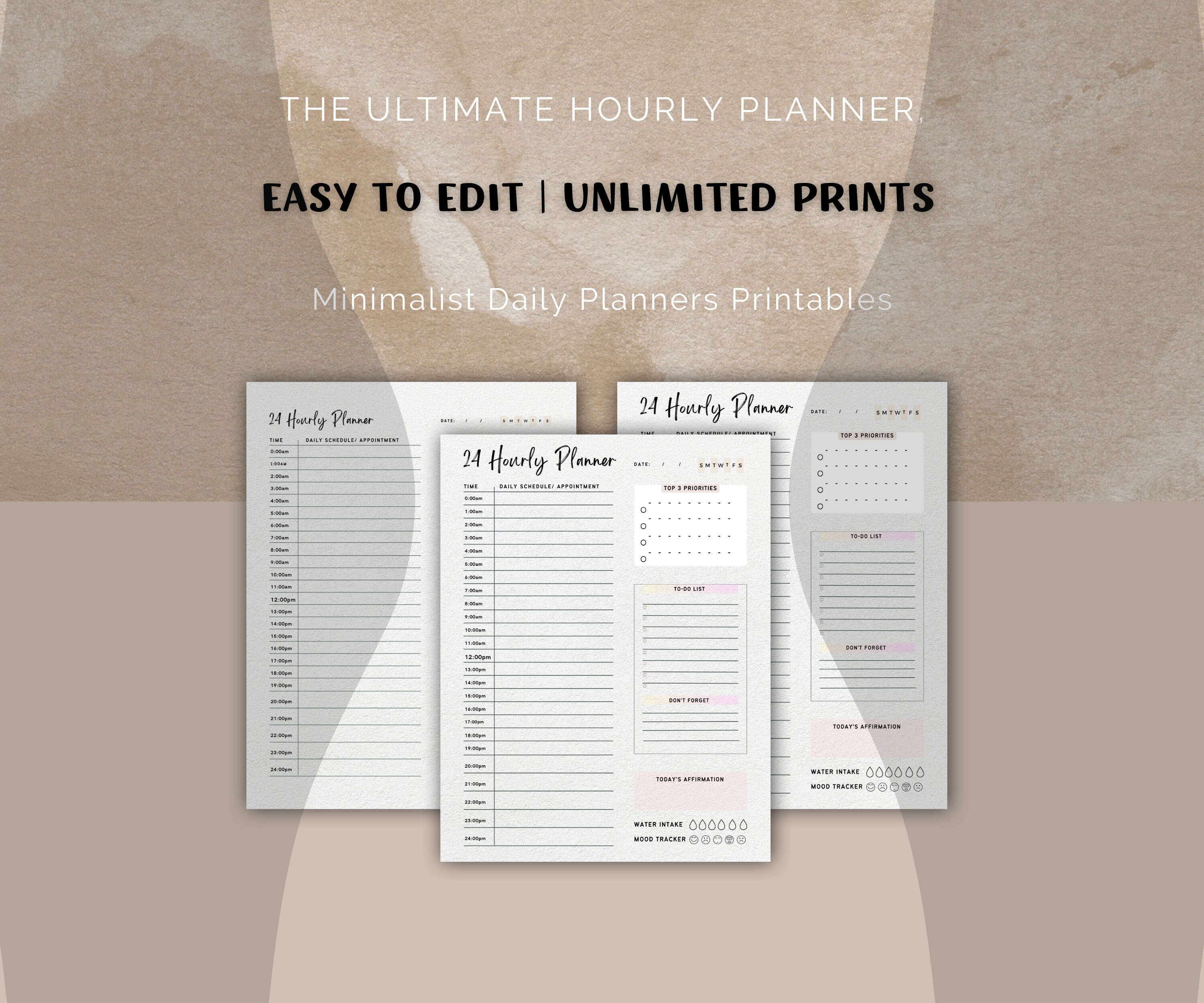 24 Hour Daily Planner Printable, Time Tracker, Hourly Planner, Military Time Plan, Time Blocking ...