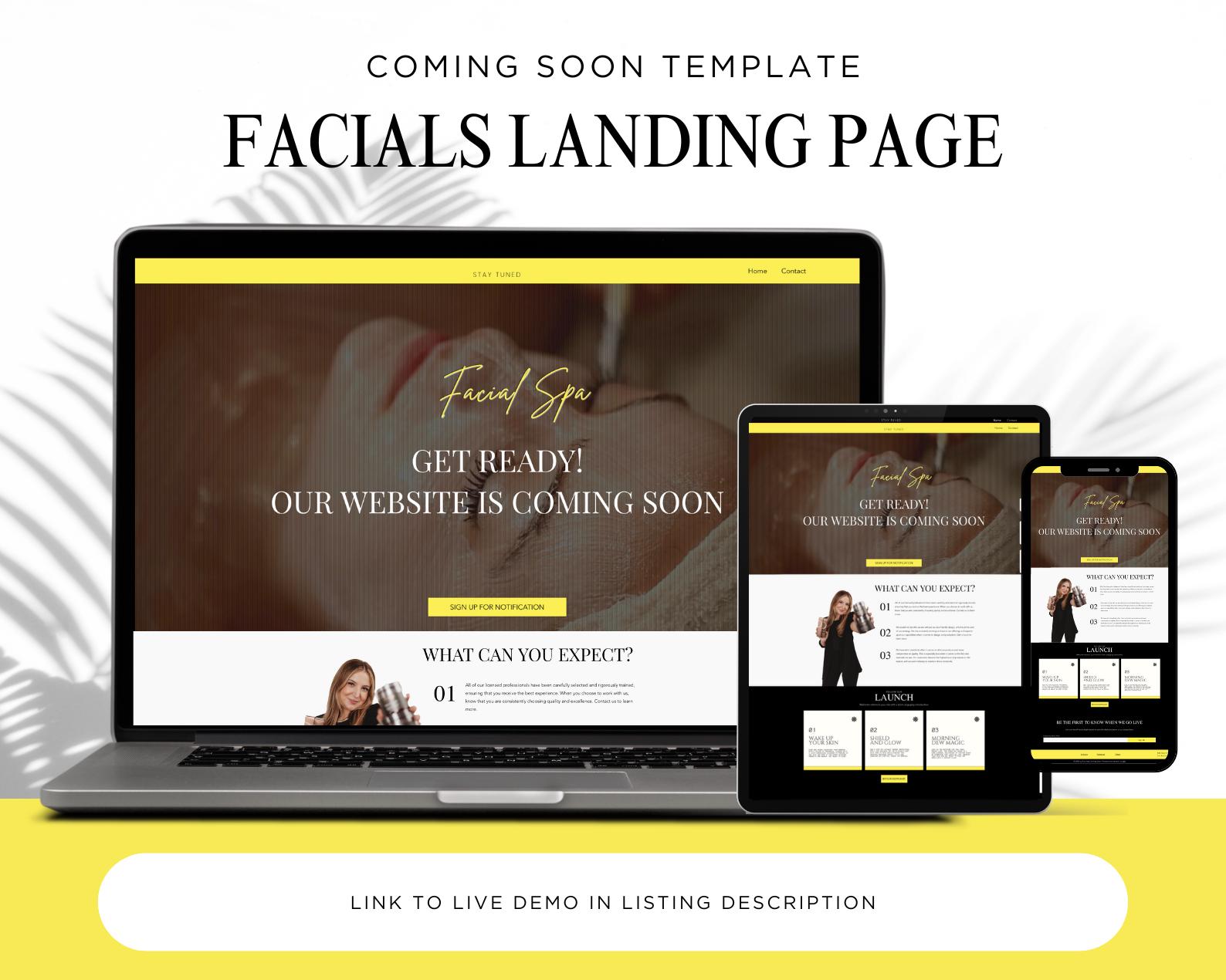 Facials Wix Landing Page Design, Esthetician Landing Page Template, Coming Soon Page, Coming ...