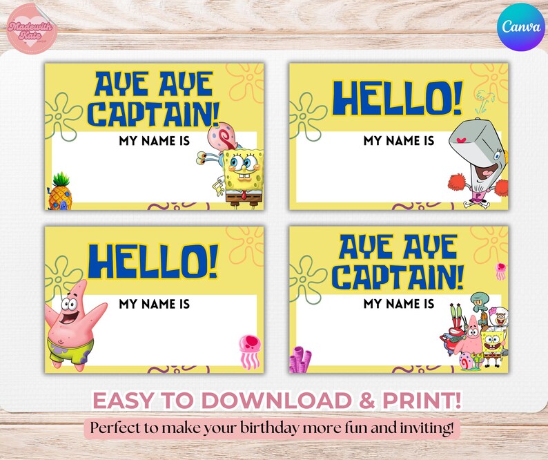 Spongebob Name Tag Party Sticker Template, Spongebob Birthday Party ...