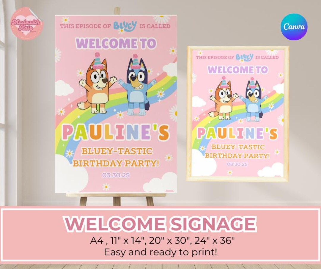Bluey Birthday Party Welcome Signage Template, Editable Bluey Pink ...