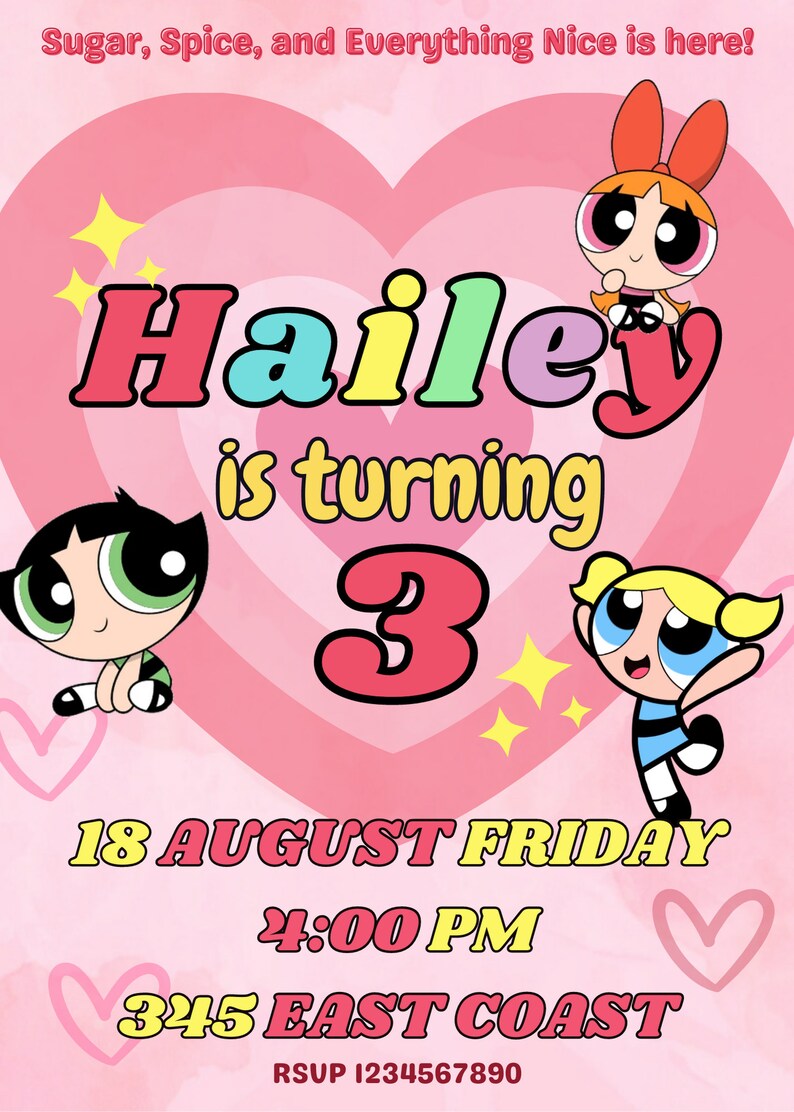 Editable Powerpuff Girls Birthday Celebration Invitation Template Digital Powerpuff Girls