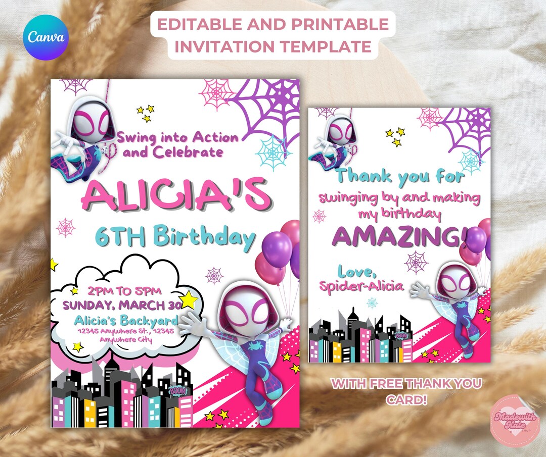 Ghost Spider Birthday Invitation, Editable Spidey Gwen Party Invitation ...