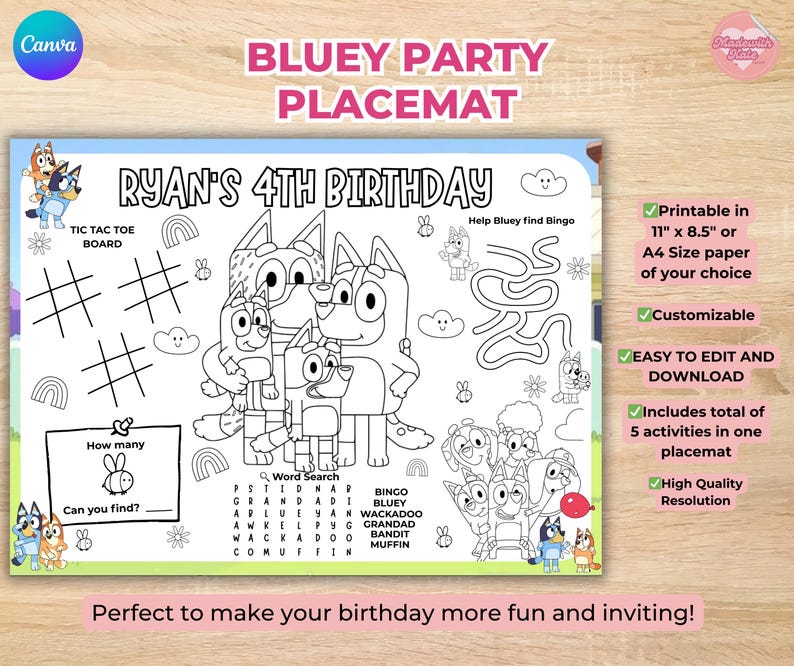 Bluey Birthday Coloring Page, Bluey and Bingo Birthday Party Activity ...