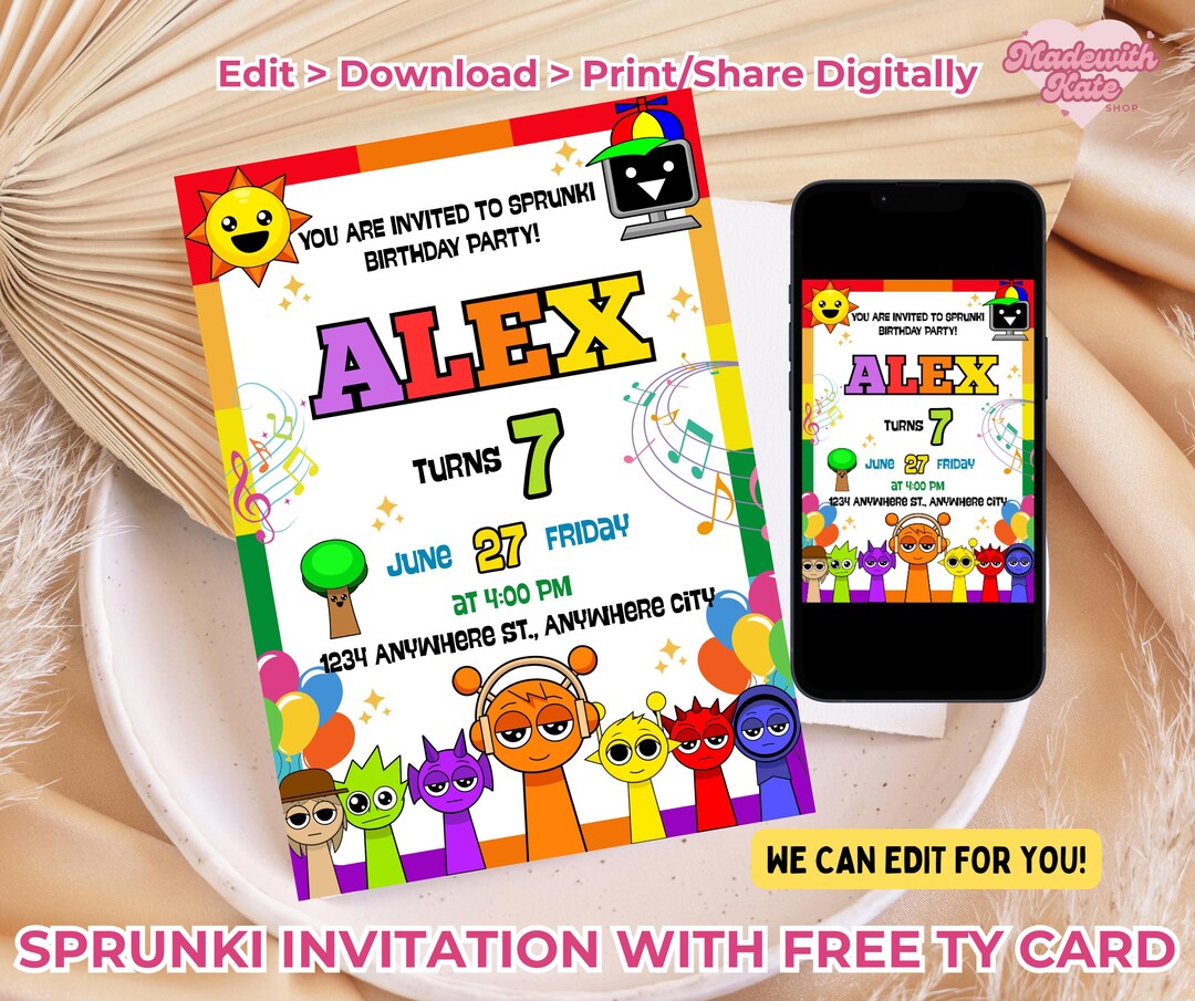 Editable Sprunki Birthday Invitation Template, Printable Sprunki ...