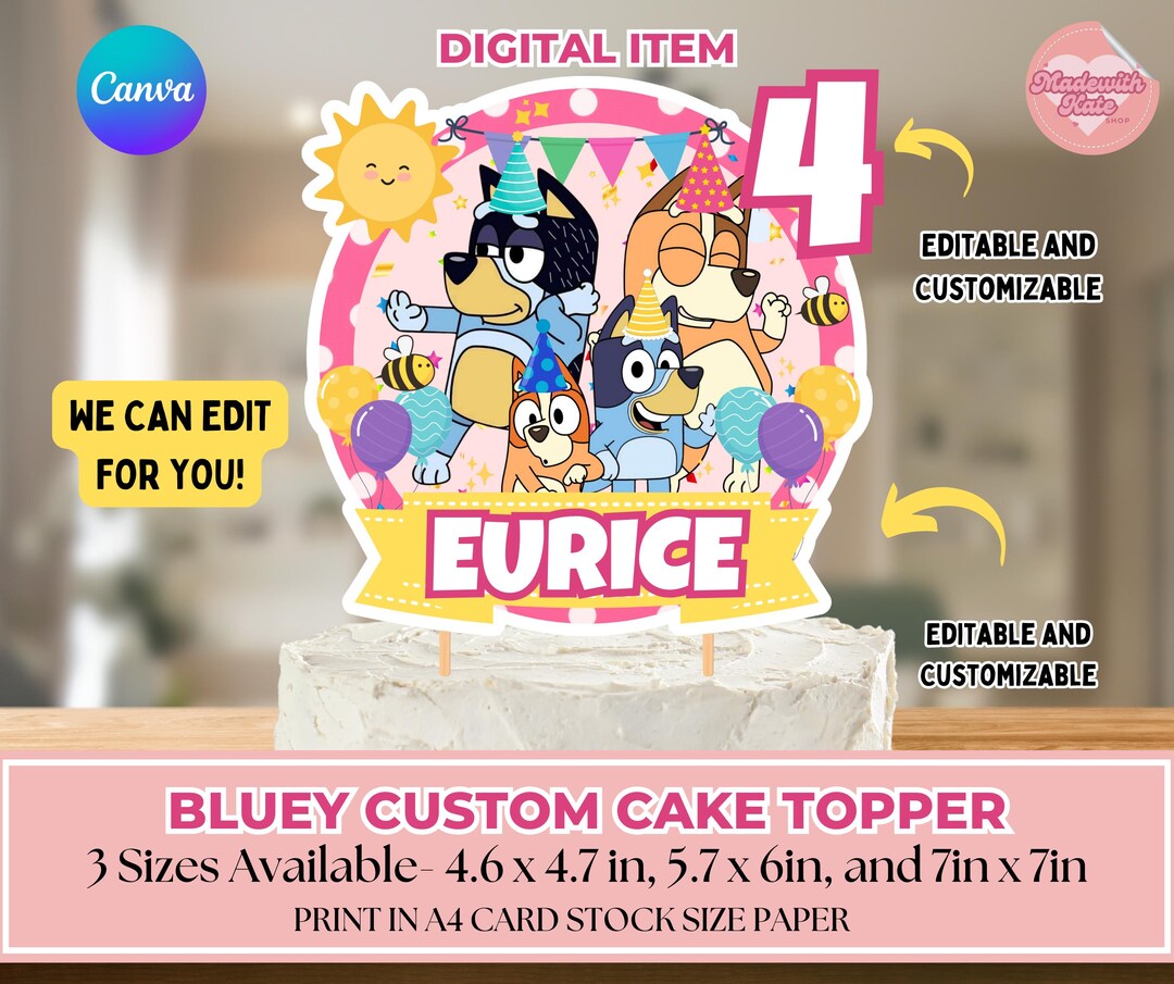 Bluey Cake Topper, Bluey Girl Custom Cake Topper, Printable Pink Bluey ...