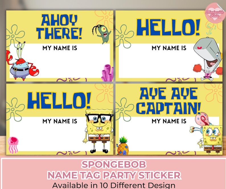 Spongebob Name Tag Party Sticker Template, Spongebob Birthday Party ...