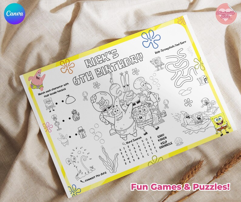 Spongebob Coloring Pages, Spongebob Birthday Party Activity Placemat ...