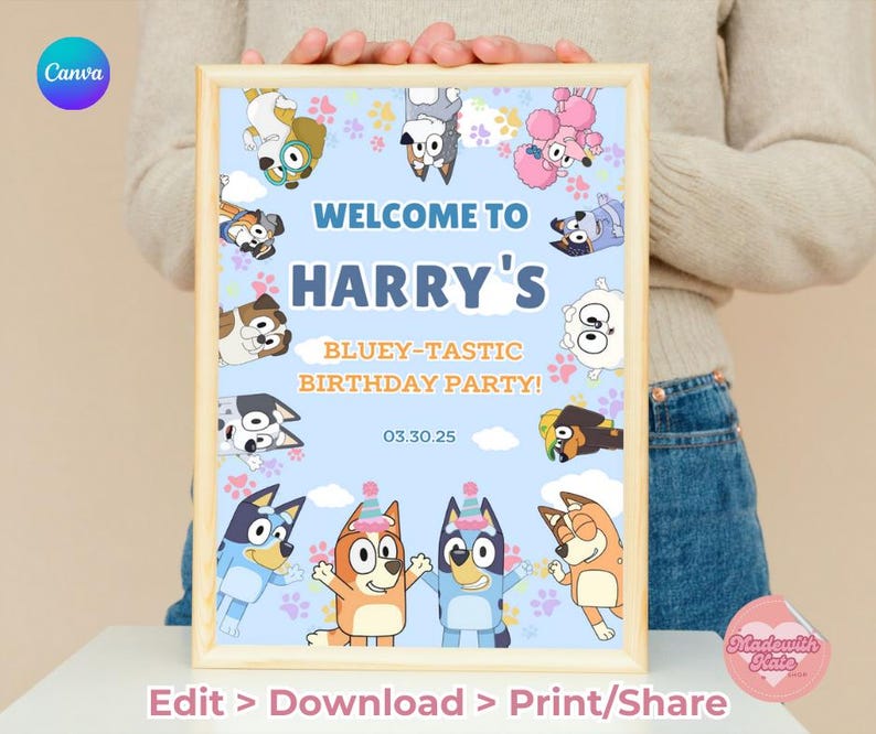 Bluey Birthday Party Welcome Signage Template, Editable Bluey Blue ...
