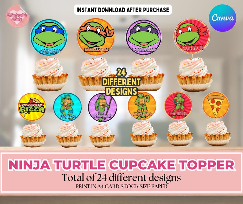 Ninja Turtle Birthday Cupcake Topper, Printable 24pcs Ninja Turtle ...