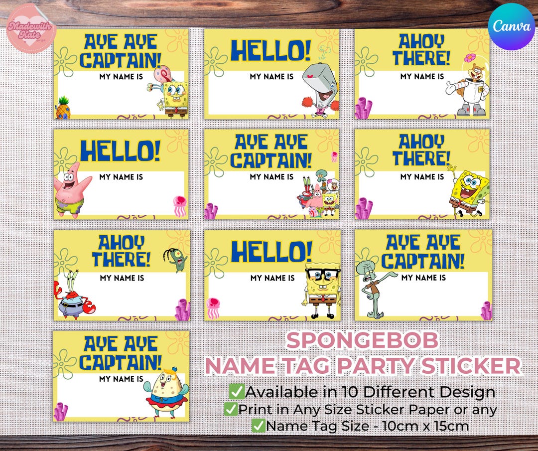 Spongebob Name Tag Party Sticker Template, Spongebob Birthday Party ...