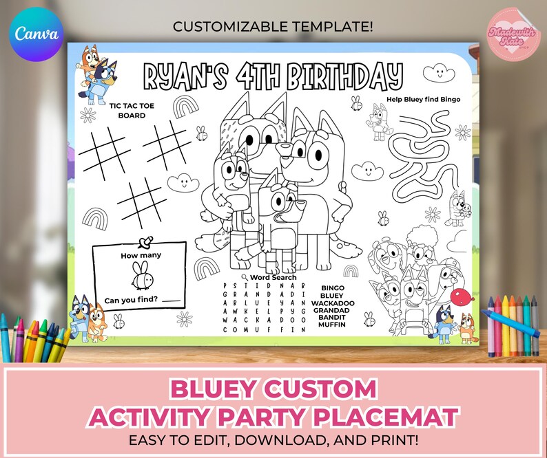 Bluey Birthday Coloring Page, Bluey and Bingo Birthday Party Activity ...