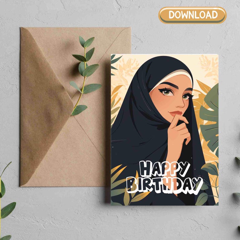 Elegant Hijabi Birthday Card: Muslim Woman Art (digital Download, 5x7in ...