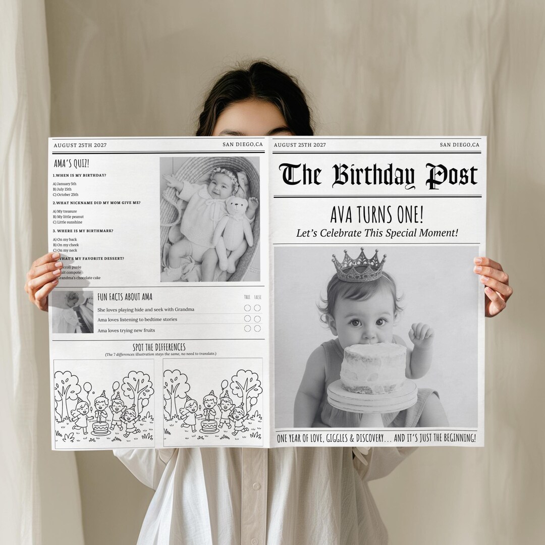 1st Birthday Newspaper Template Editable Canva File Baby Photo Magazine ...