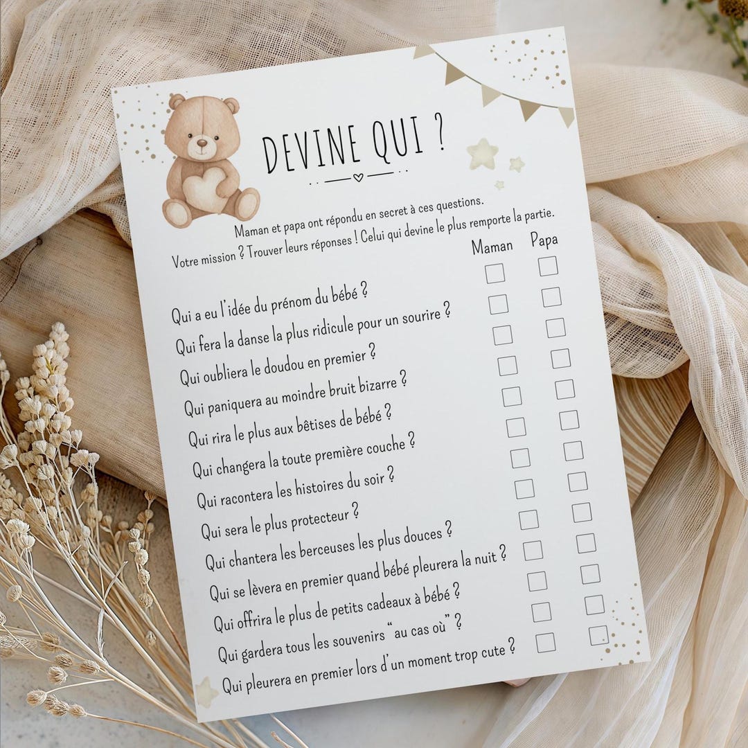 Jeu Baby Shower Ourson Beige Doux, Carte “Devine qui ?” à imprimer, Jeu ...