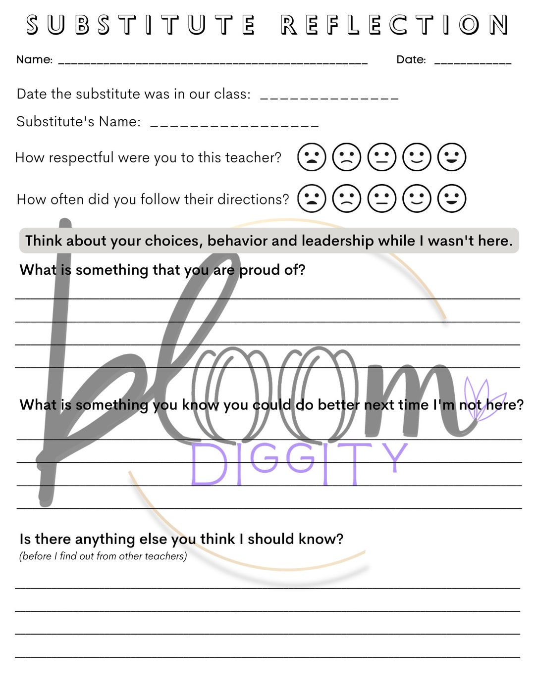 Student [substitute] Reflection (worksheet/response) - Etsy
