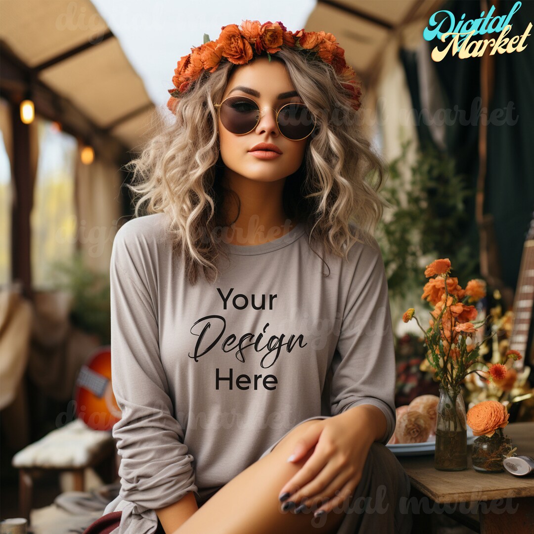 Boho Chic Mockup, Granite Comfort Colors 6014 Long Sleeve Shirt Mockup ...