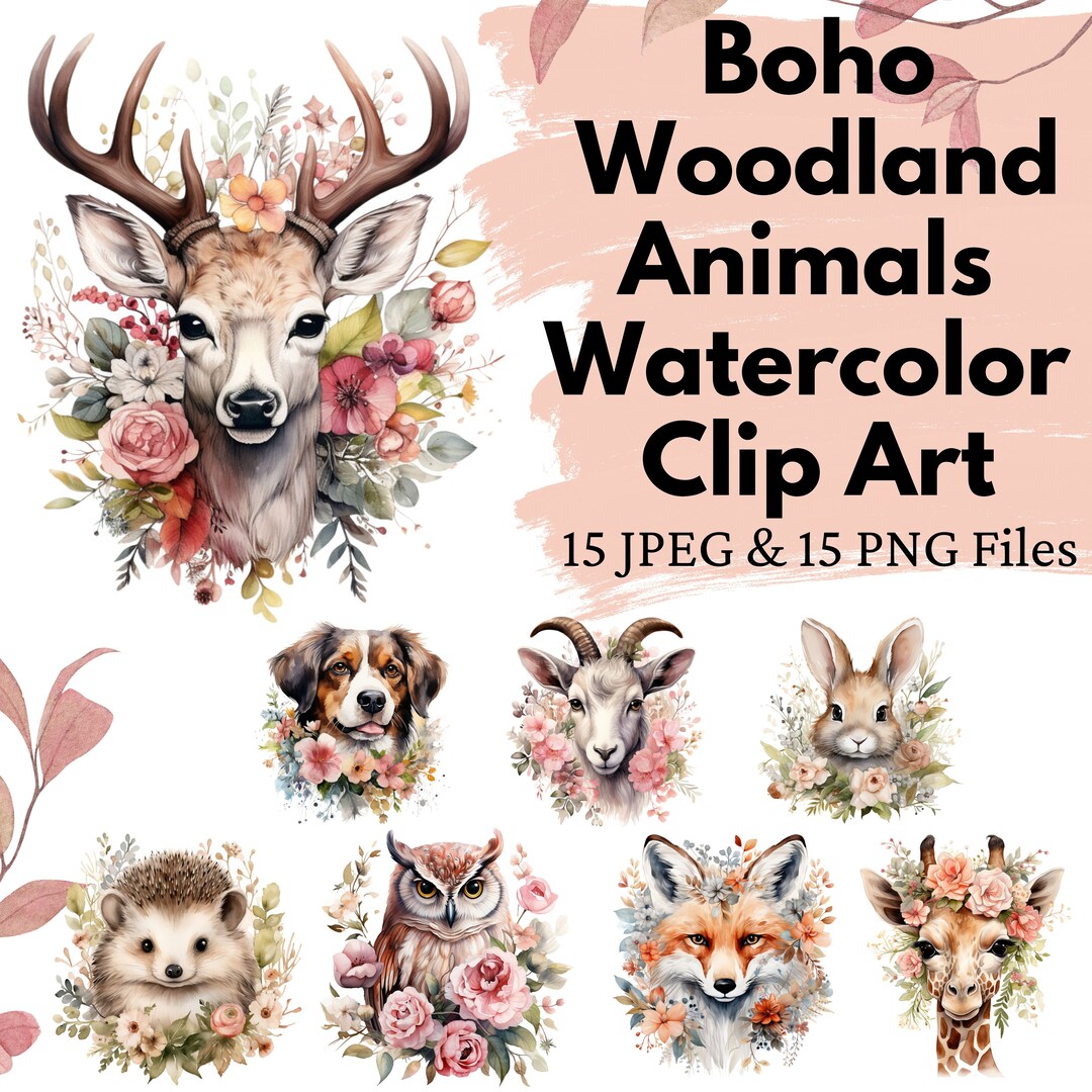 Boho Woodland Animals Watercolor Clip Arts, High-quality Clip Arts ...