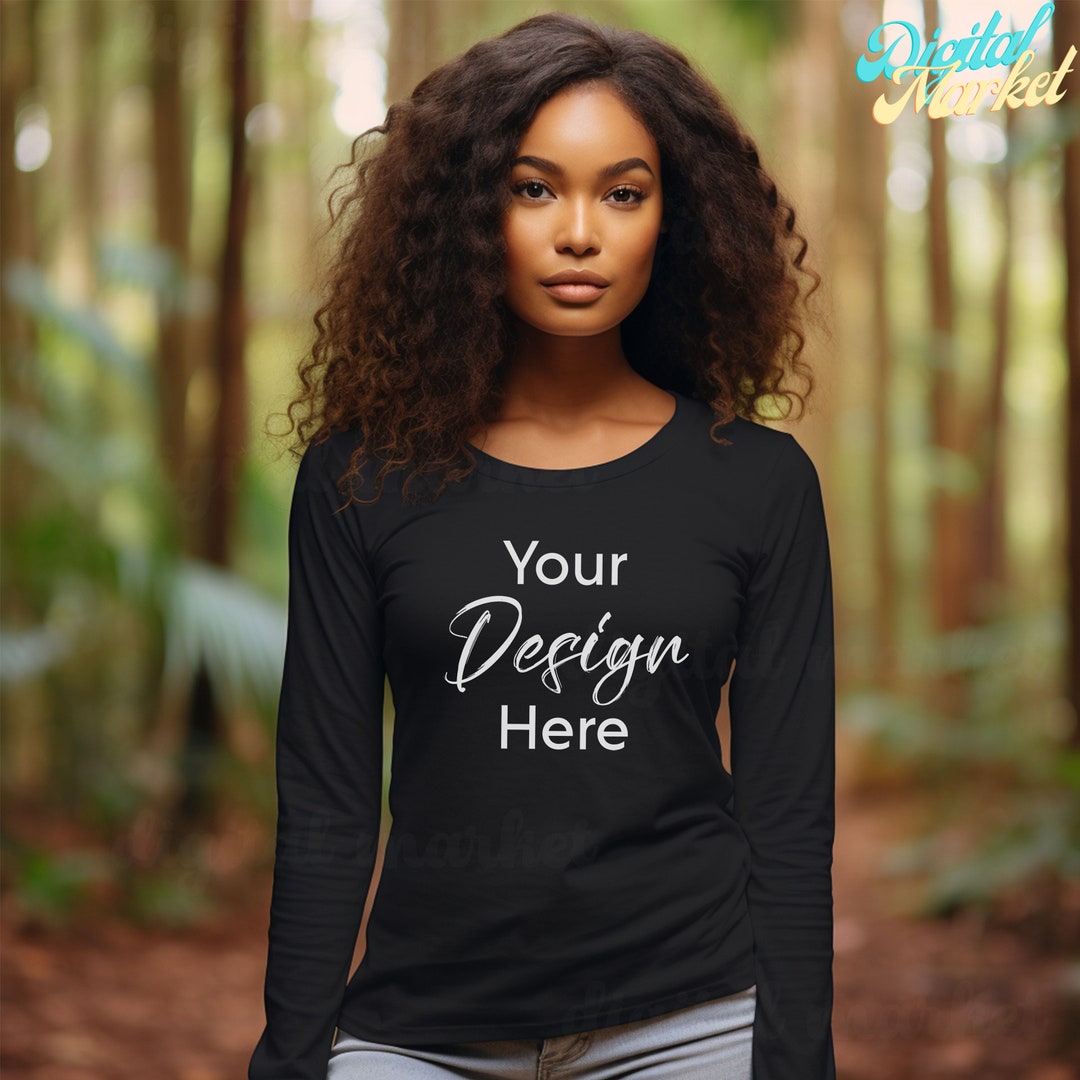 Black Long Sleeve 3501 Mock Up, Model Mock Up, Black Long Sleeve Tshirt ...