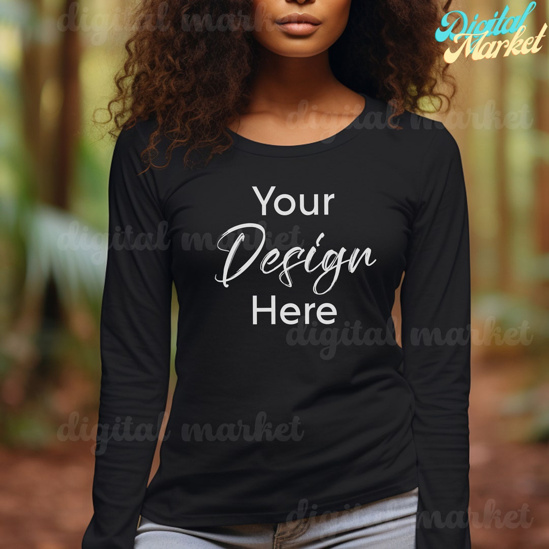 Black Long Sleeve 3501 Mock Up, Model Mock Up, Black Long Sleeve Tshirt ...