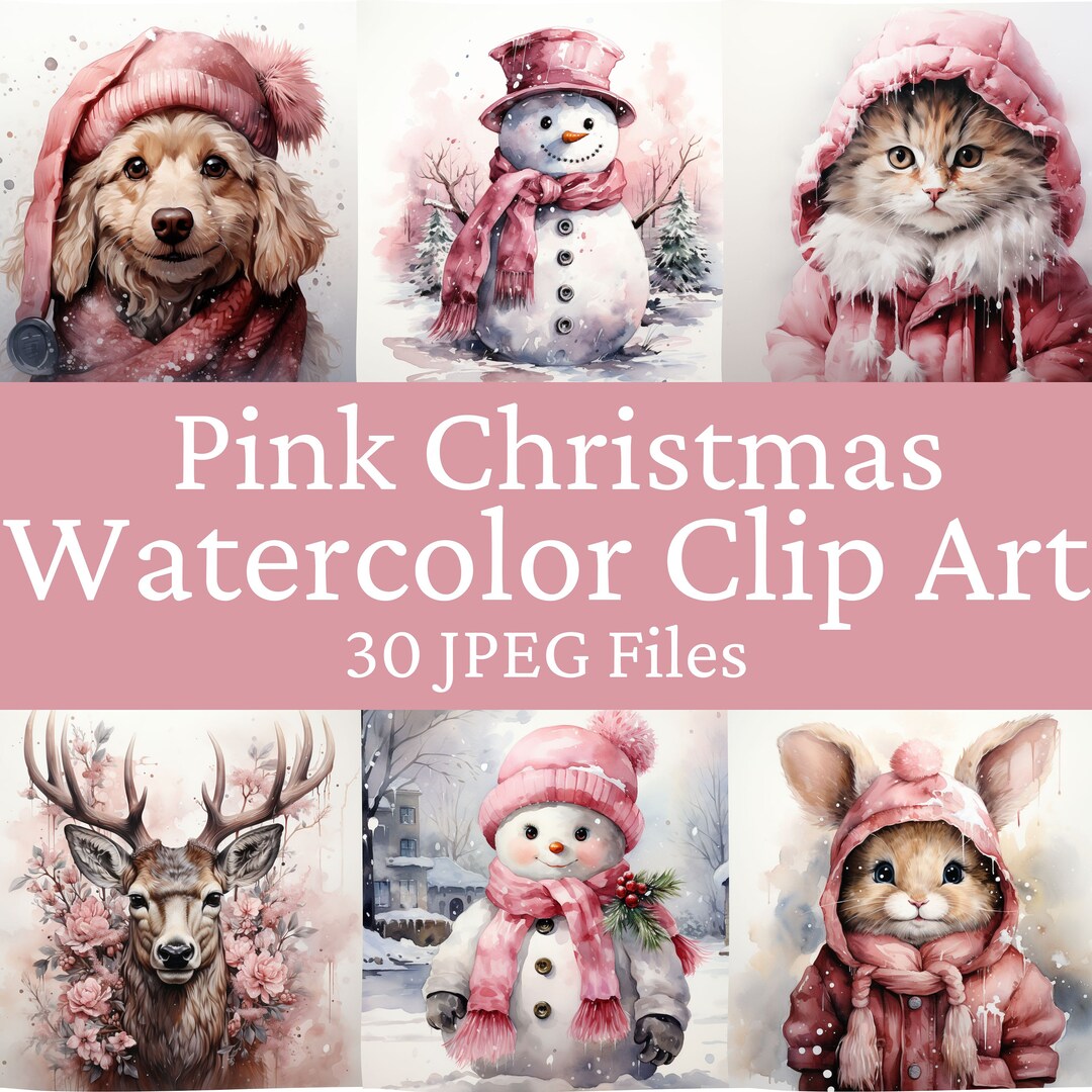 Pink Christmas Clipart Bundle of 30, Watercolor Cozy Holiday Clip Art ...