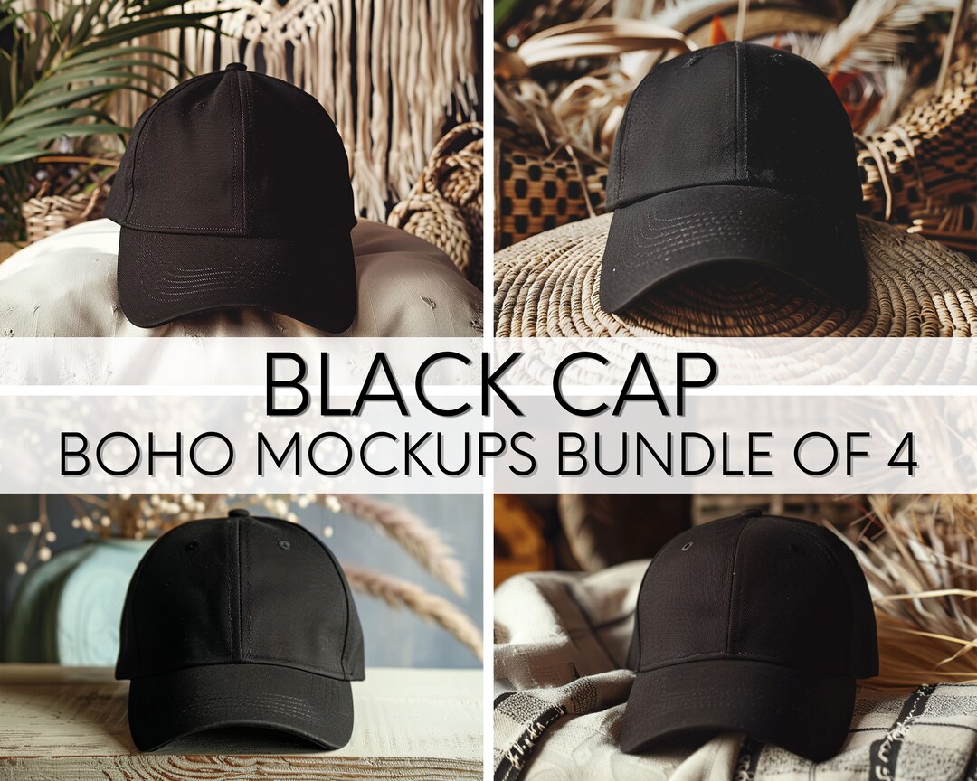 Black Cap Mockup Bundle of 4, Lifestyle Photo of Baseball Cap, Headwear ...