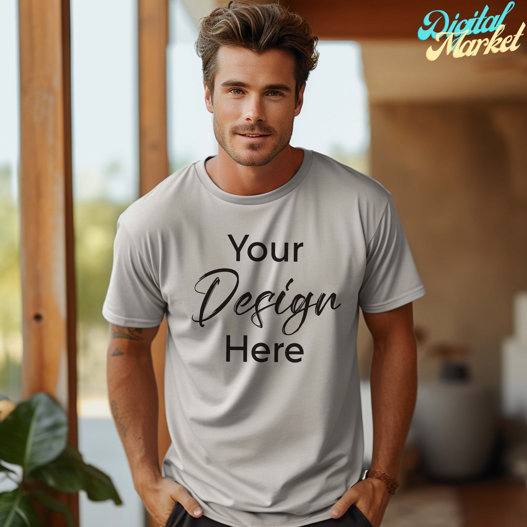 Gildan Light Grey Mockup, Model Mockup Gildan Shirt, Gildan 5000 Mockup ...