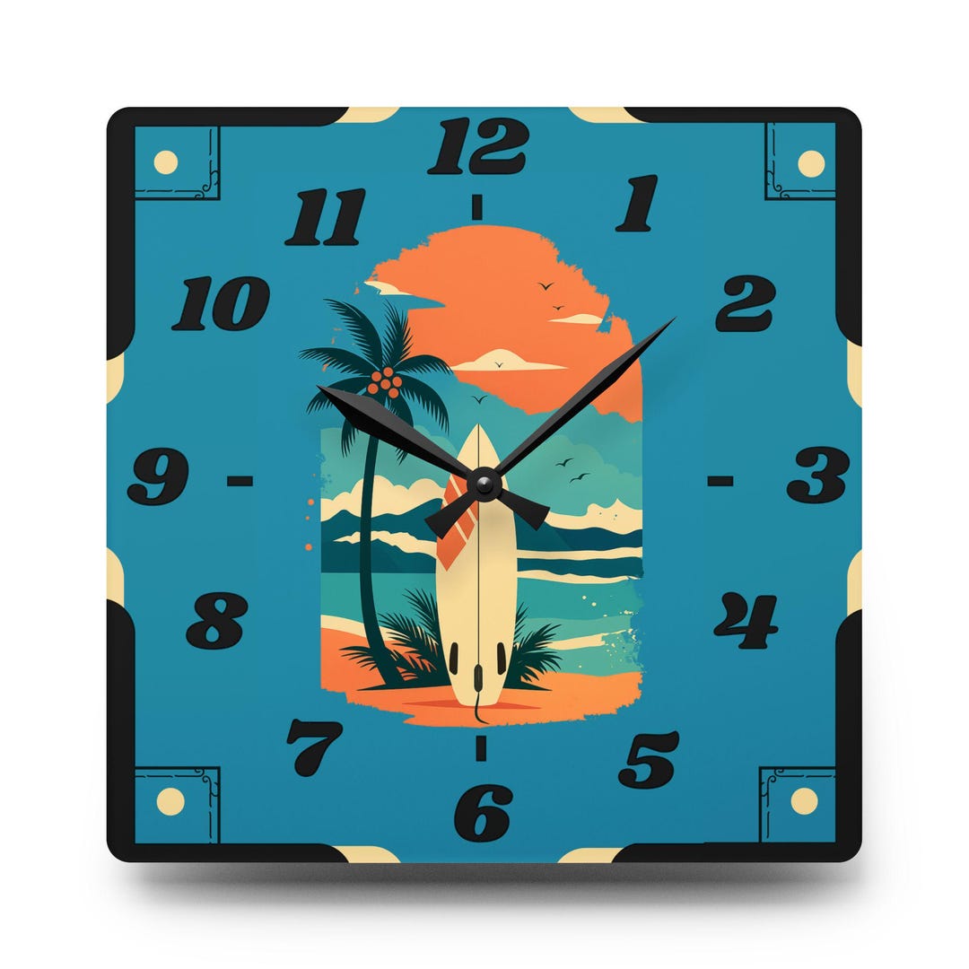 Surf Wall Clock, Beach Scene Decor, Retro Surfboard Clock, Tropical ...
