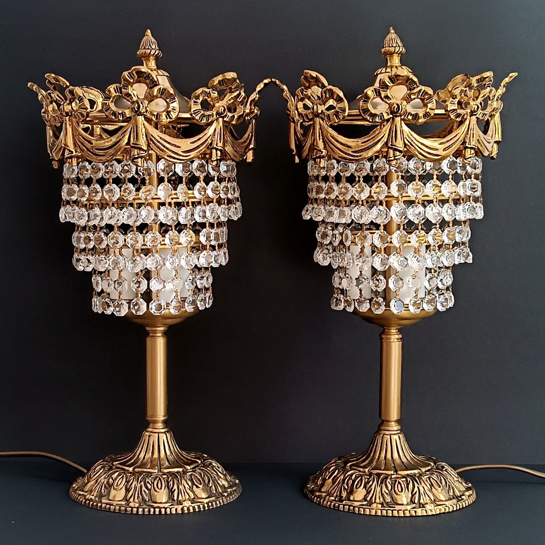 Set of 2 Antique Brass Lamps Collectible Bedside Lamps With Crystal ...