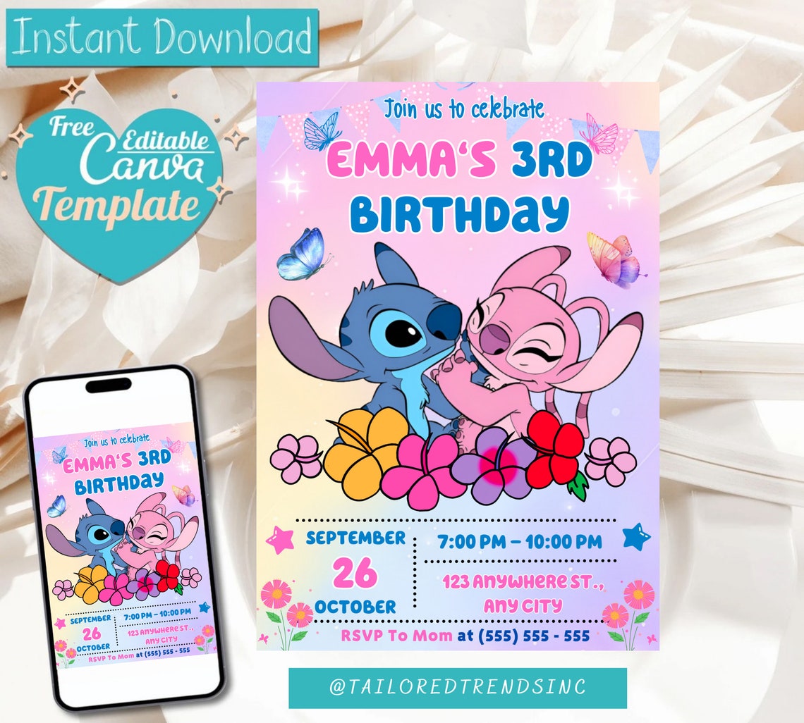 Stitch Birthday Party Invitation Template Editable Stitch - Etsy