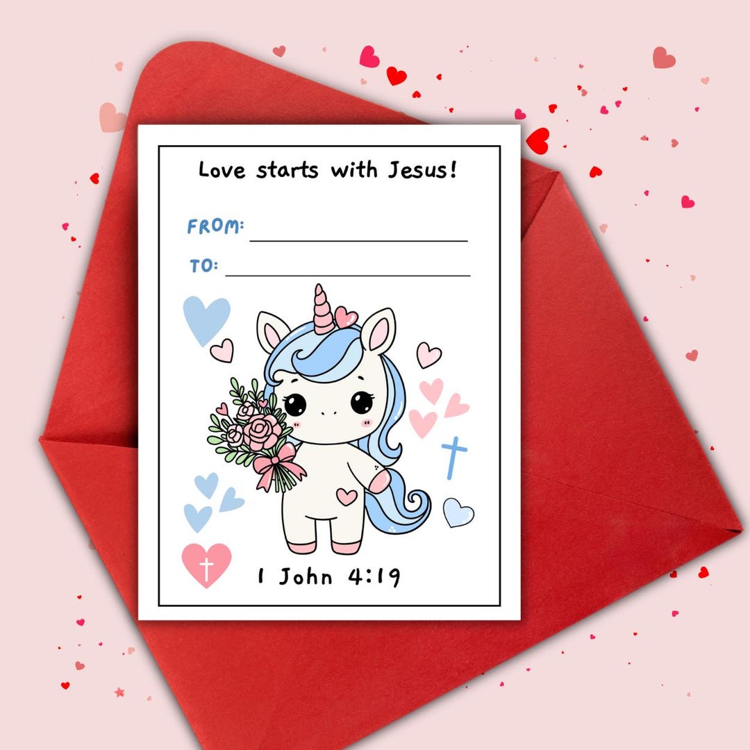 Kids Christian Valentine's Day Printable Unicorn Bible Scripture Verse ...
